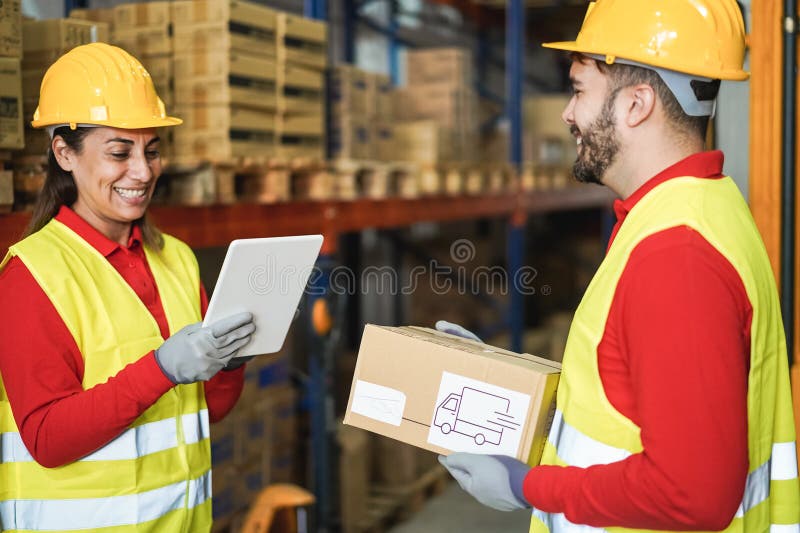 Happy Workers Talking while Doing Stock Inventory Inside Warehouse ...