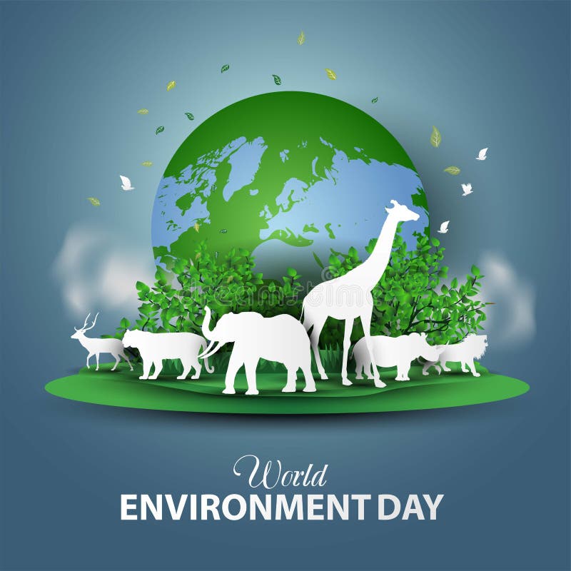 Happy World Environment and Earth Day. Big World Map with Animals Stock ...