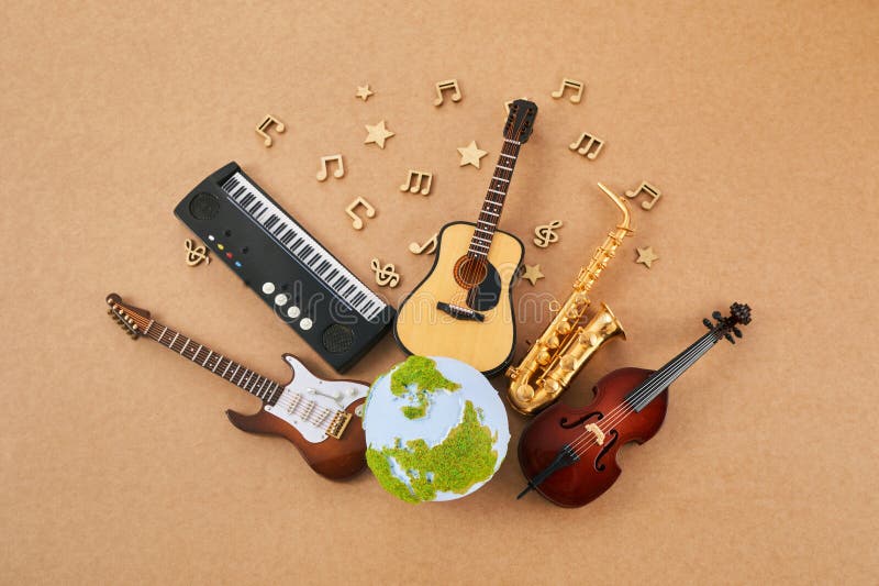 Happy World Music Day. Musical Instruments with Globe Background. Stock ...