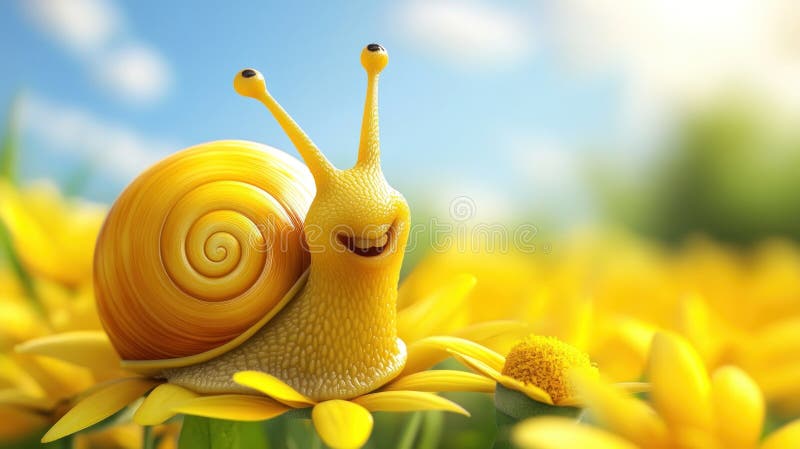 Happy Yellow Cartoon Snail on Yellow Flowers Stock Illustration ...