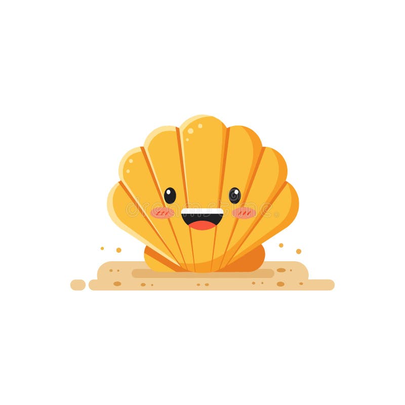 Happy Yellow Shell Character Smiling on Sandy Beach in Flat Vector Art ...