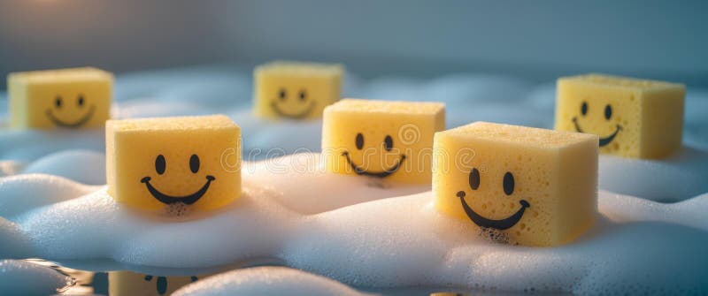 Happy Yellow Sponges Floating in Bubbles, Symbolizing Cleanliness and ...