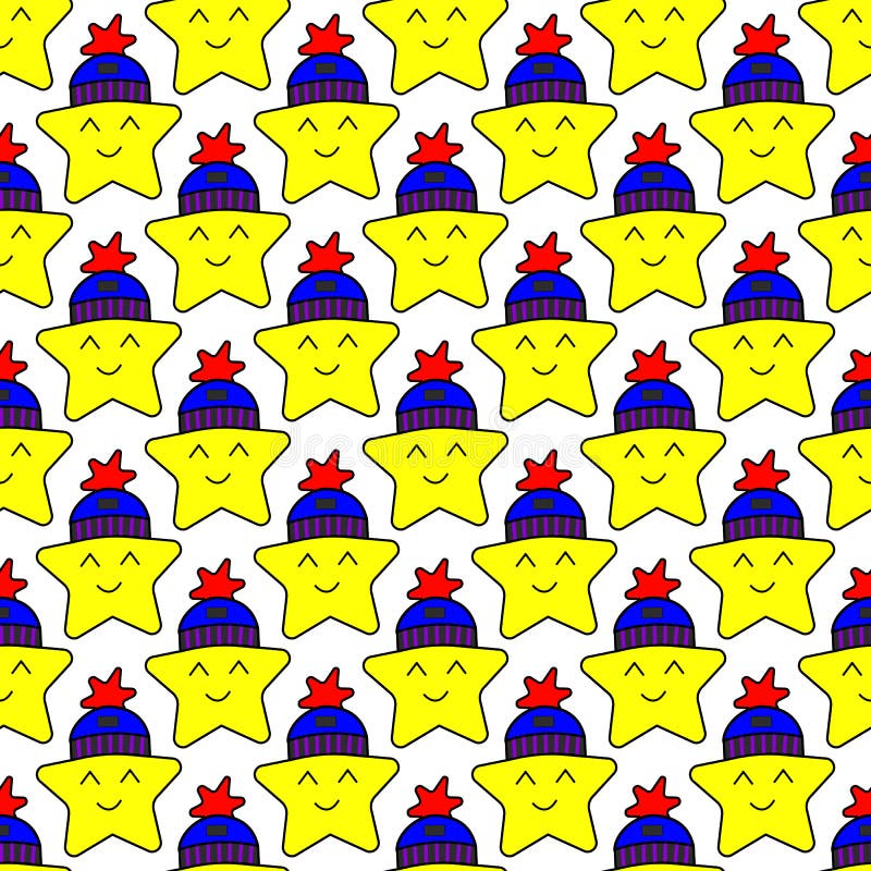 Happy Yellow Stars Character in Winter Hat Vector Seamless Pattern ...