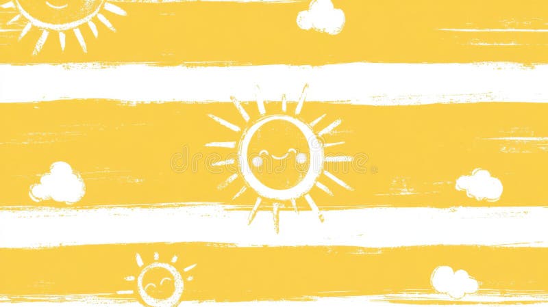 Happy Yellow Sun and Clouds Pattern with White Stripes Stock ...