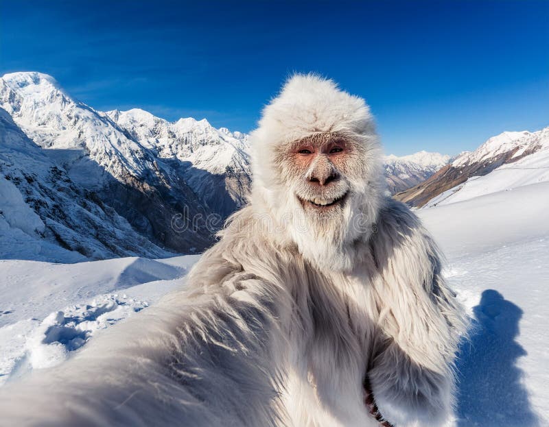 Happy Yeti in the Himalayas Taking POV Selfie Using Mobile Phone Stock ...