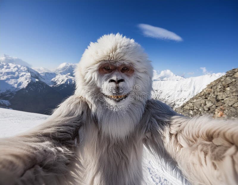 Happy Yeti in the Himalayas Taking POV Selfie Using Mobile Phone Stock ...