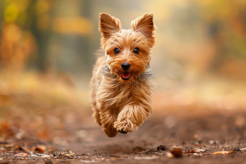 A Happy Yorkshire Terrier Dog Jumping Run in Front of the Camera. Stock ...
