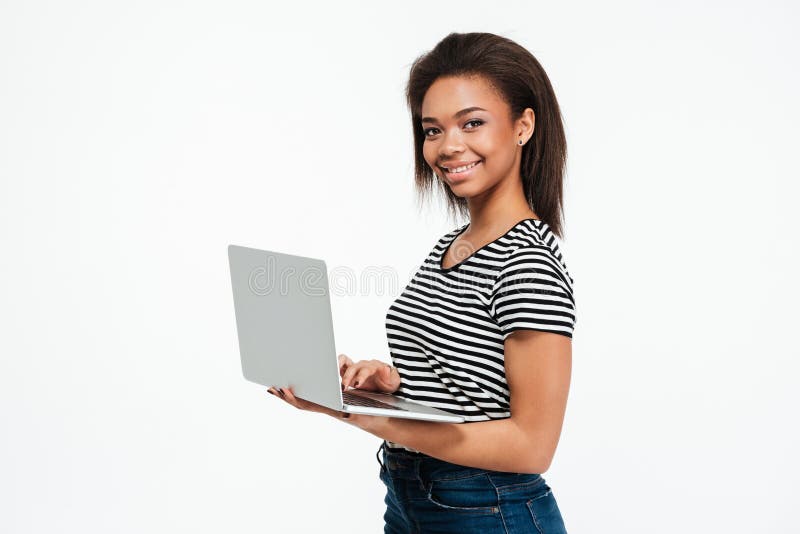 Happy Young African Woman Using Laptop Computer. Stock Photo - Image of ...
