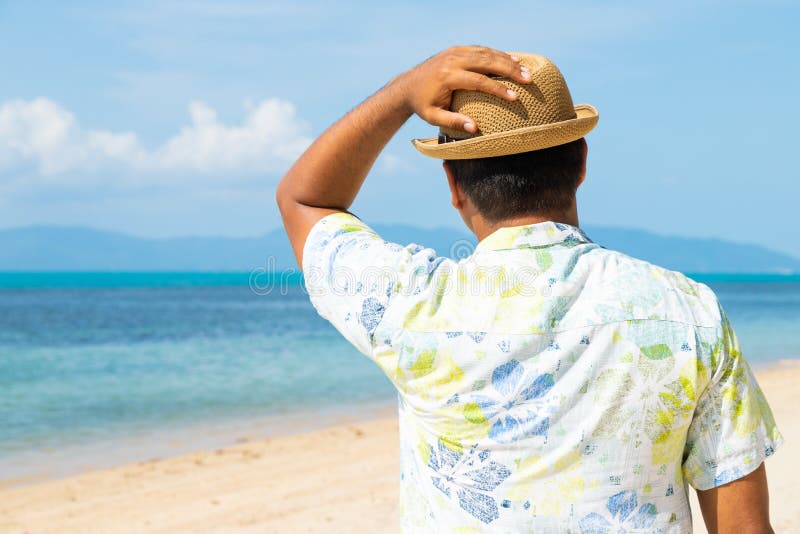 Rear View Happy Young Asian Man on the Tropical Beach. Stock Image ...