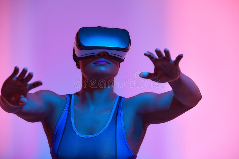 Happy Young Black Lady in VR Glasses Exploring Cyberspace, Touching ...