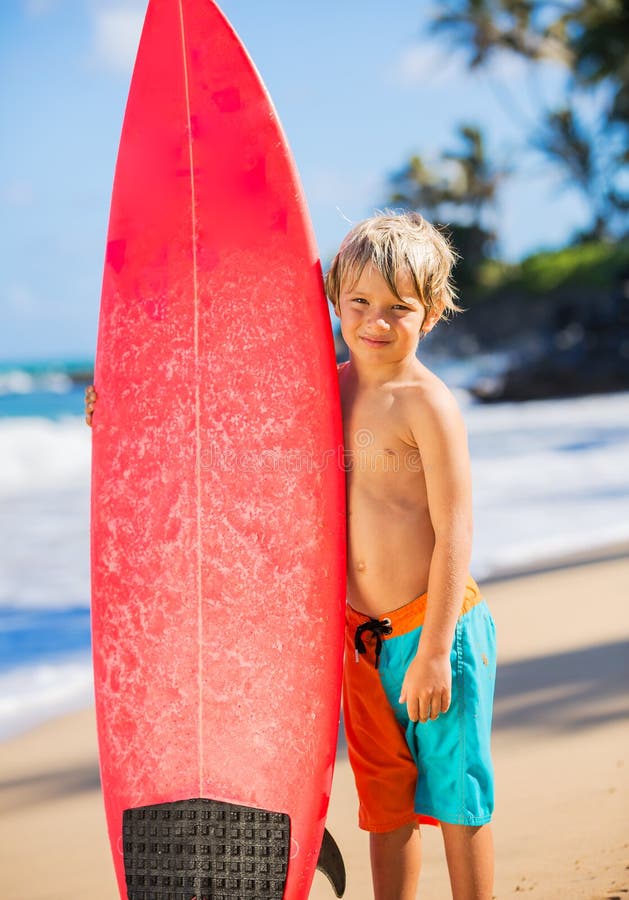 Happy Young Boy at the Beach with Surfboard Stock Image - Image of ...