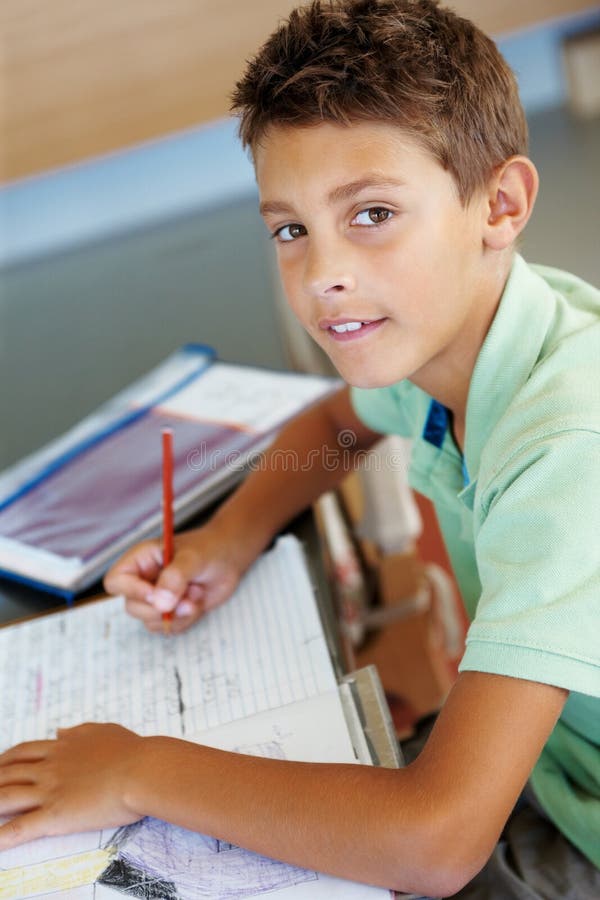 Happy Young Boy Doing His Homework Stock Image - Image of fresh ...