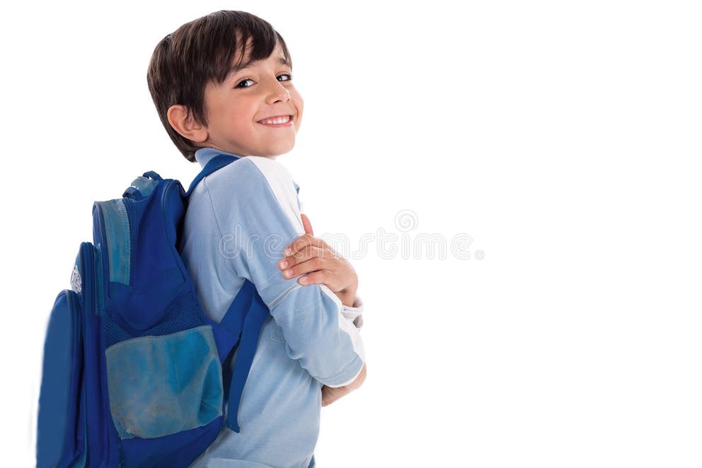 Happy Young Boy Ready for School with His Bag Stock Image - Image of ...