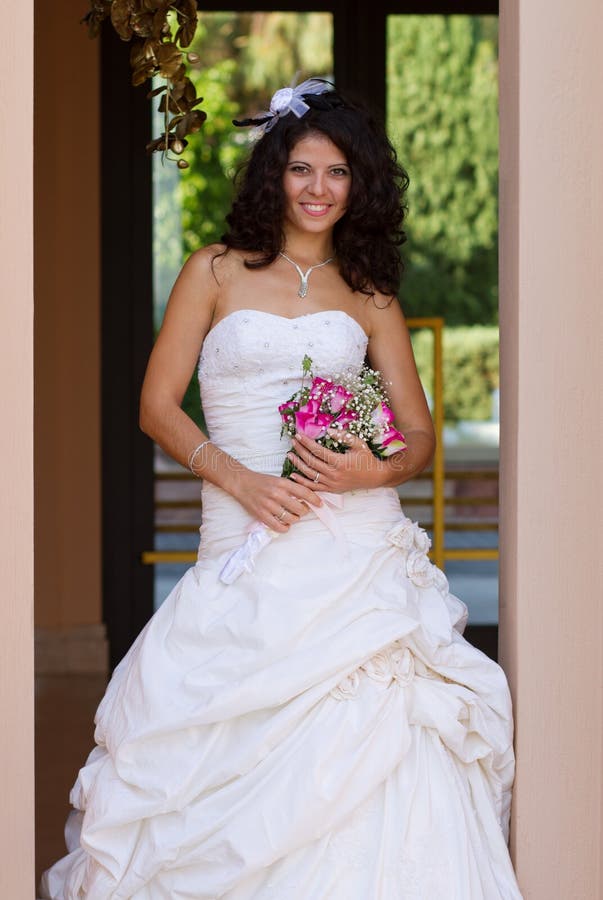Happy Young Bride with Bouquet Stock Photo - Image of pretty, romantic ...