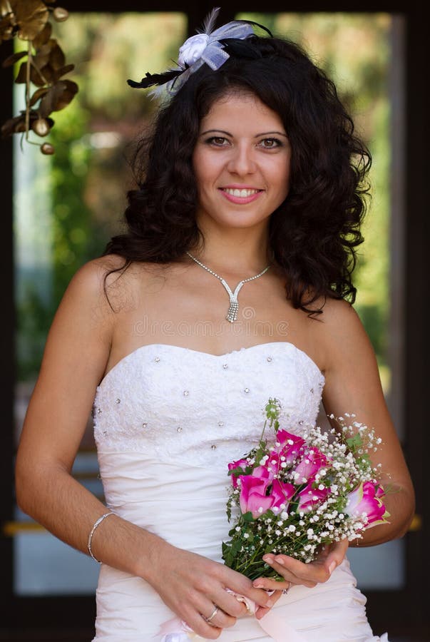 Happy Young Bride with Bouquet Stock Photo - Image of lady, portrait ...