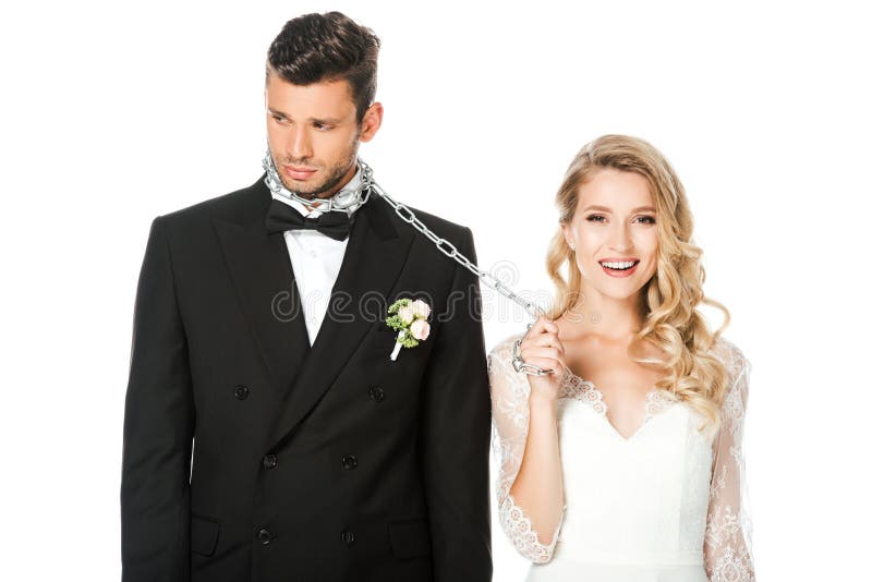 Happy Young Bride with Chain and Leashed Sad Groom Stock Photo - Image ...