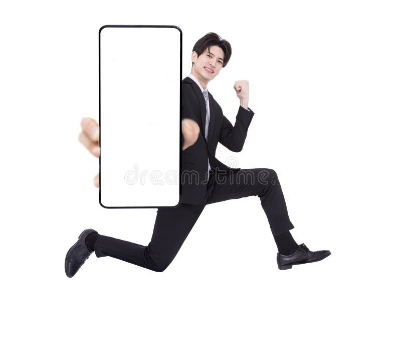 Happy Young Business Man Jumping and Showing Blank Mobile Phone Screen ... Happy Young Business Man Jumping and Showing Blank Mobile Phone Screen ...