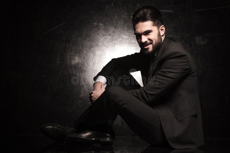 Happy Young Business Man Sitting Down and Smile Stock Photo - Image of ...