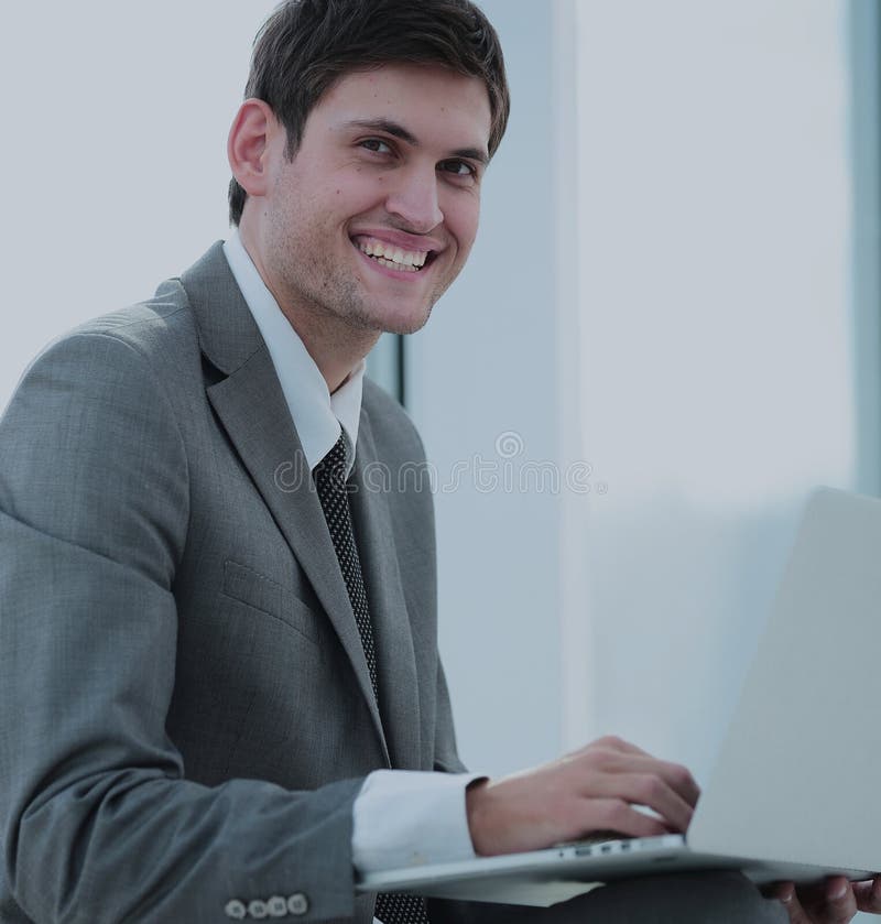 Happy Young Business Man Work in Modern Office on Computer Stock Image ...