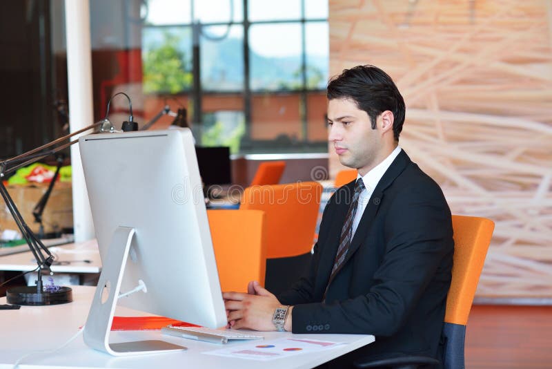 Happy Young Business Man Work in Modern Office on Computer Stock Image ...