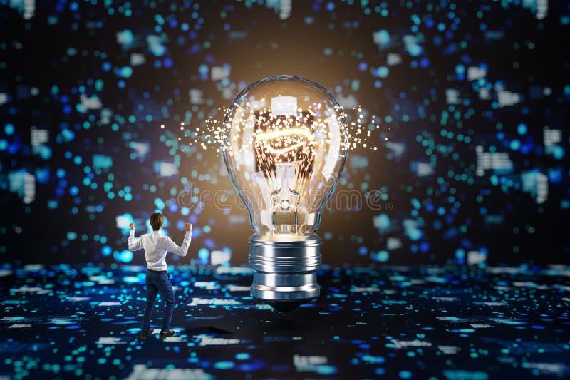 Happy Young Businessman with Creative Glowing Light Bulb on Bright Tech ...