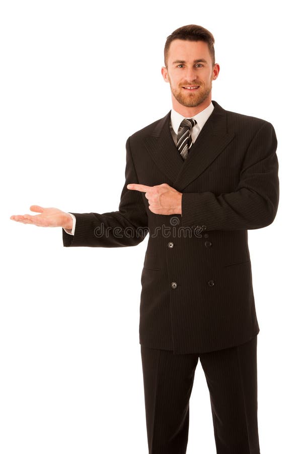 Happy Young Businessman in Suit and Tie Presenting, Promoting, a Stock ... Happy Young Businessman in Suit and Tie Presenting, Promoting, a Stock ...