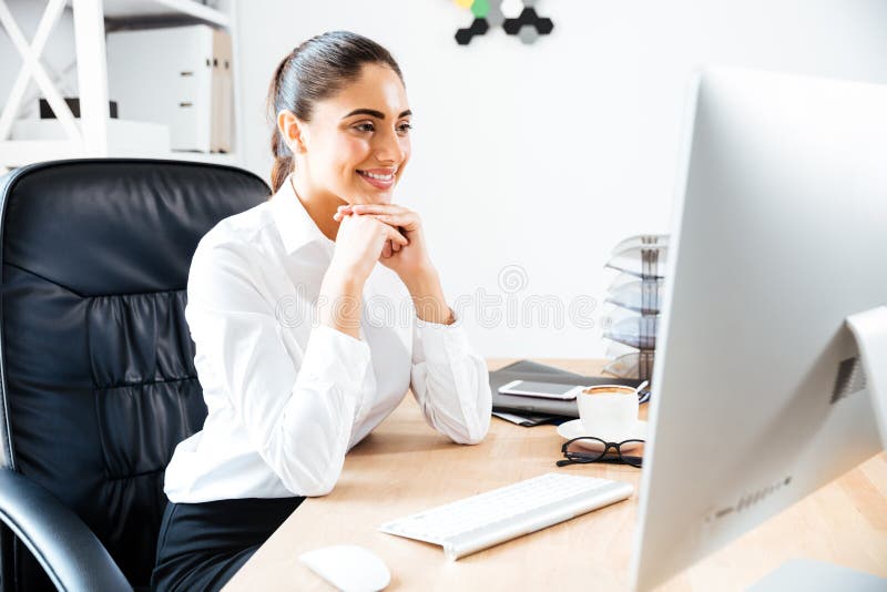 Happy Young Businesswoman Looking at Computer Screen Stock Image ...