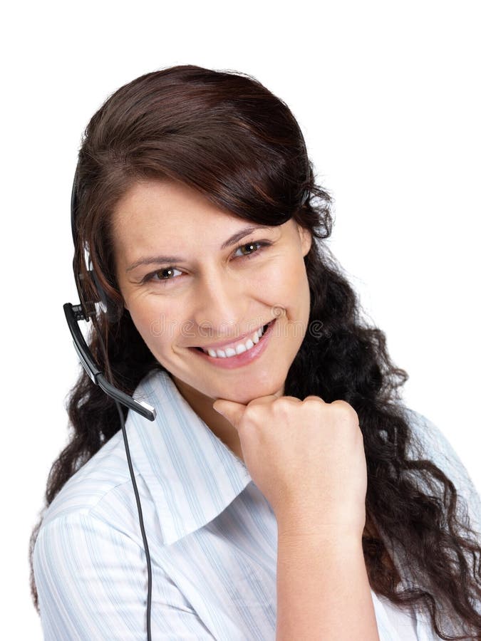 Happy Young Call Centre Employee Smiling on White Stock Image - Image ...