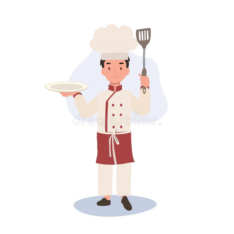Happy Young Chef in Apron and Hat Serving Dish. Flat Vector Cartoon ...