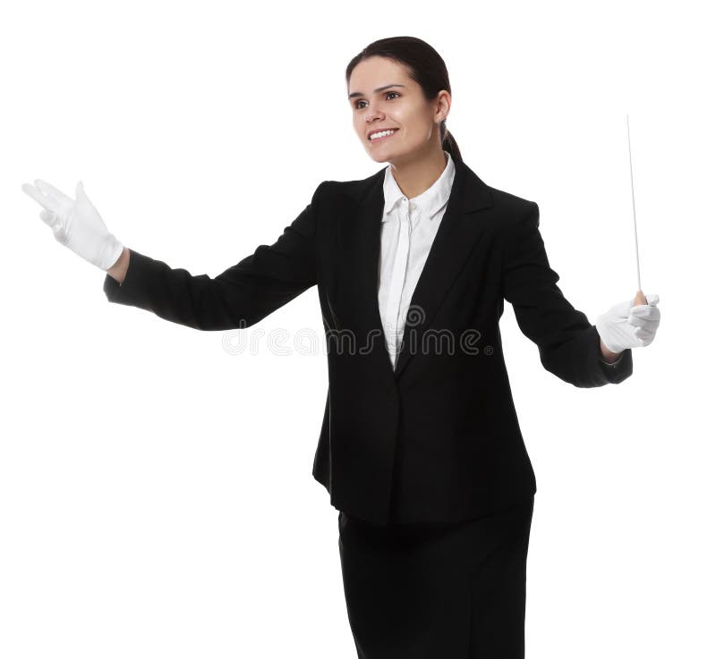 Happy Young Conductor with Baton on White Background Stock Photo ...