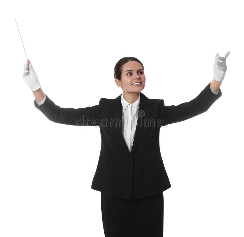Happy Young Conductor with Baton on White Background Stock Photo ...
