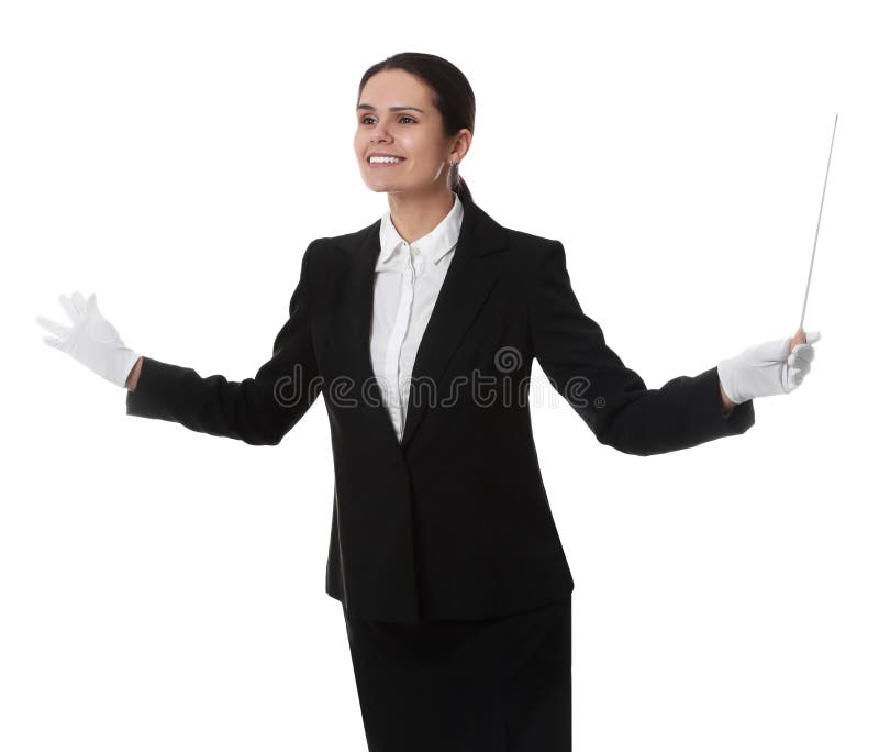 Happy Young Conductor with Baton on White Background Stock Image ...
