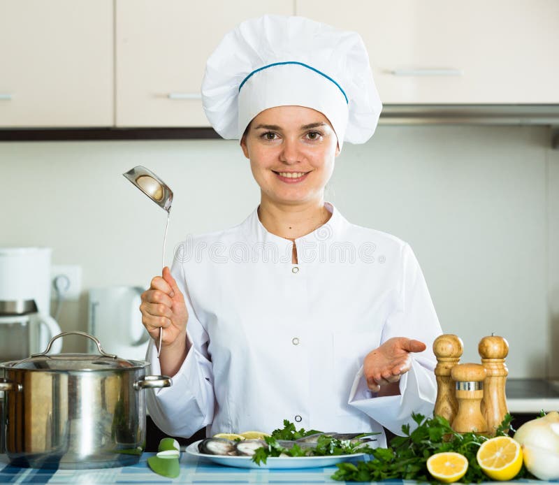 Happy Young Cook Preparing Tasty Fish for Dinner Stock Image - Image of ...