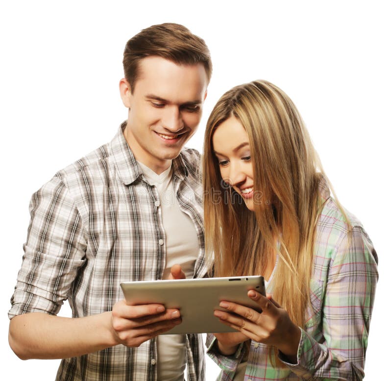 Happy Young Couple Holding Tablet Pc Computer Stock Photo - Image of ...