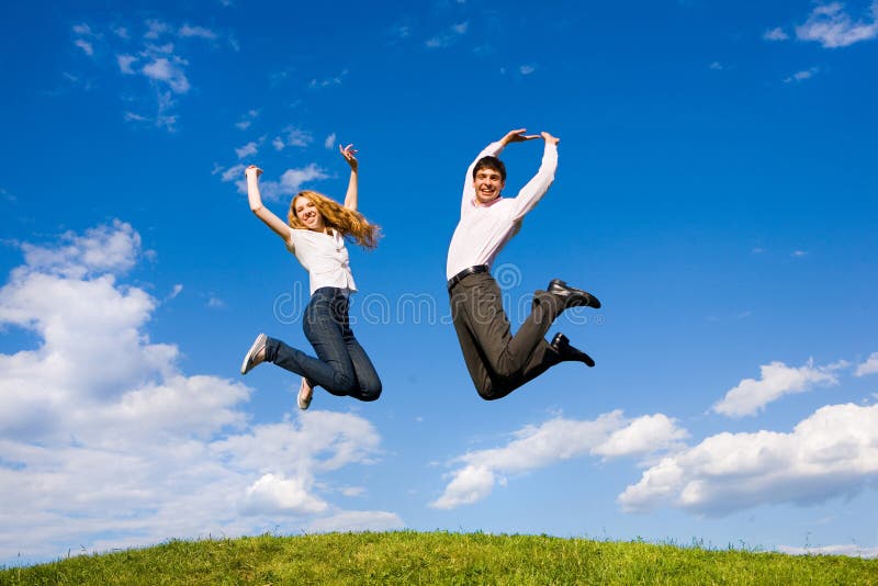 Jumping Young People Happy Group in Meadow Stock Image - Image of green ...