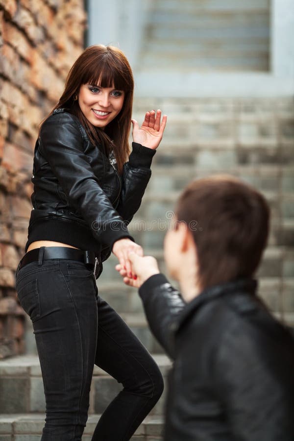 Happy Young Couple in Love on the Steps Stock Image - Image of outside ...