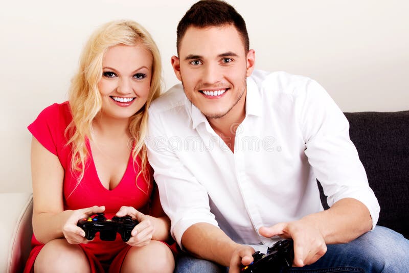 Happy Young Couple Playing Video Games Stock Image - Image of portrait ...