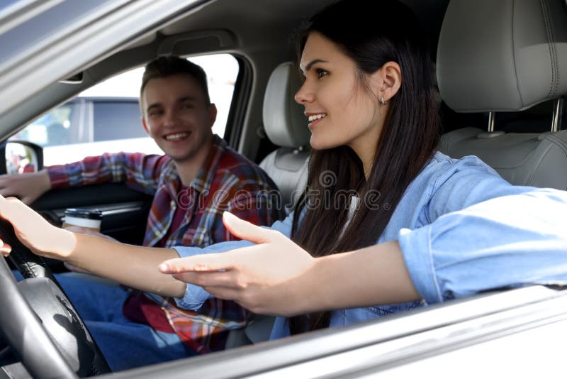 Happy Young Couple Travelling Together by Car Stock Image - Image of ...
