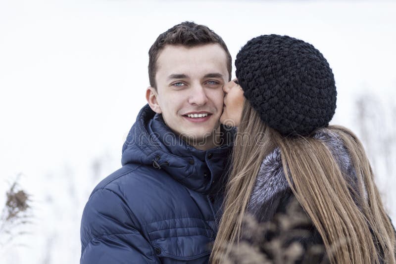 Happy Young Couple in Winter Field Stock Image - Image of pleasure ...