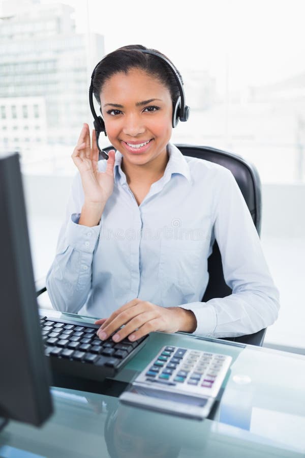 Happy Young Dark Haired Operator Answering a Call Stock Photo - Image ...
