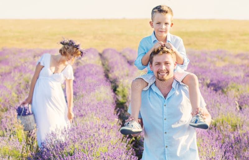 Happy Young Family Outdoors in a Lavender Stock Image - Image of field ...