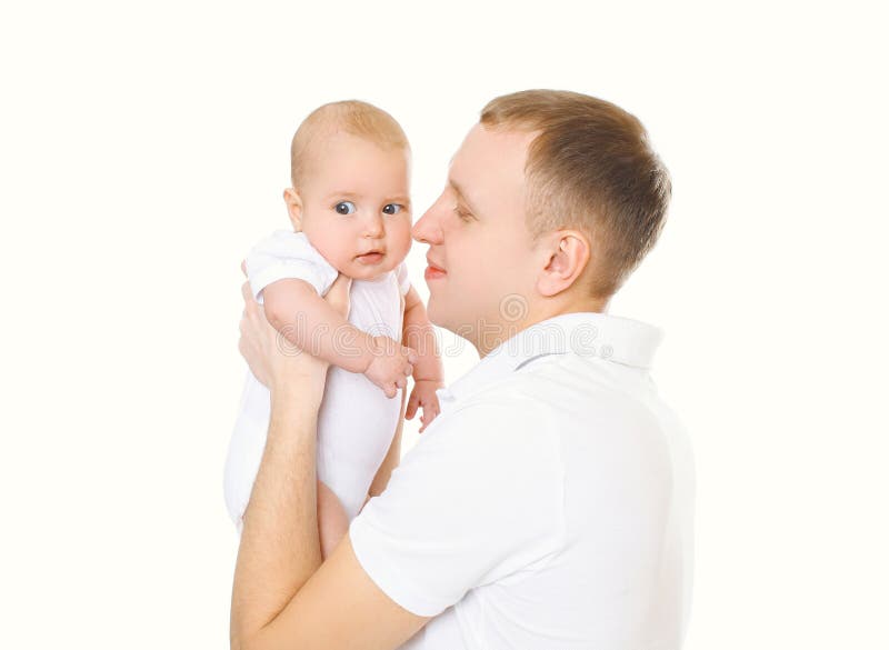 Happy Young Father and Baby on White Background Stock Photo - Image of ...