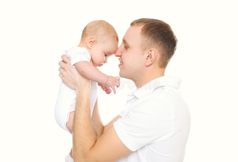 Happy Young Father with Baby on White Background Stock Image - Image of ...
