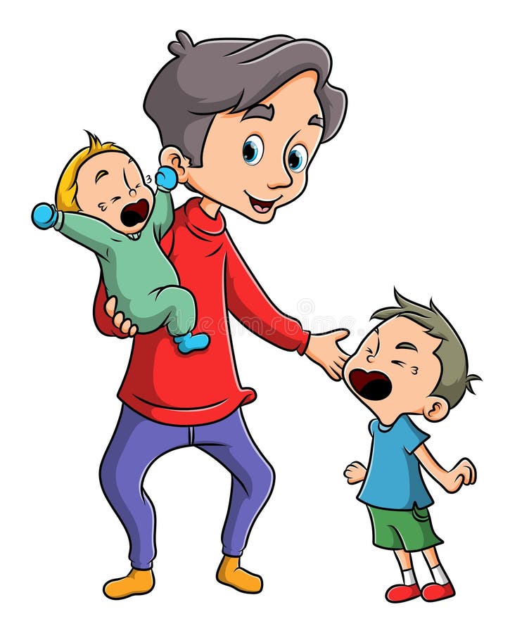 The Happy Young Father is Calming the Children Stock Vector ...