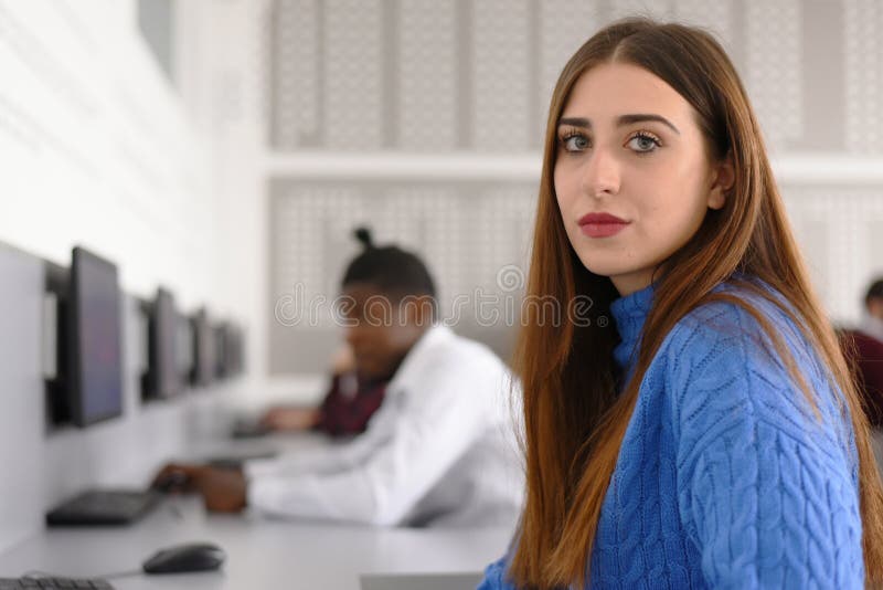 Happy Young Female Student Smiling into Camera during Comp Lab Class ...