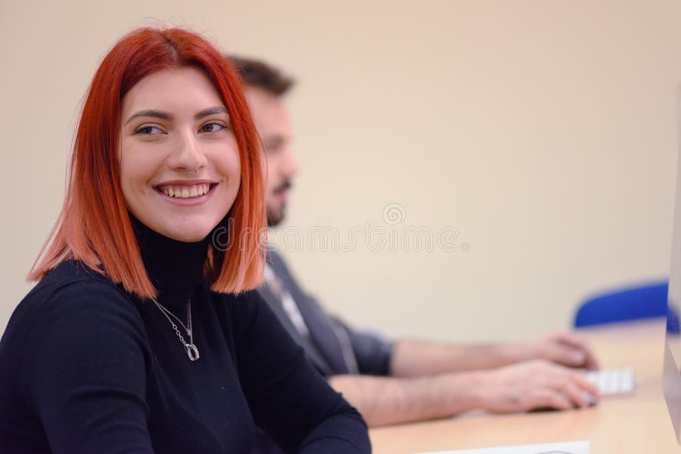 Happy Young Female Student Smiling into Camera during Comp Lab Class ...