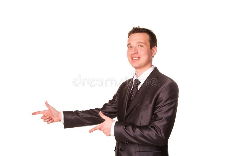 Happy Young Friendly Smiling Businessman Pointing Finger Stock Image ...