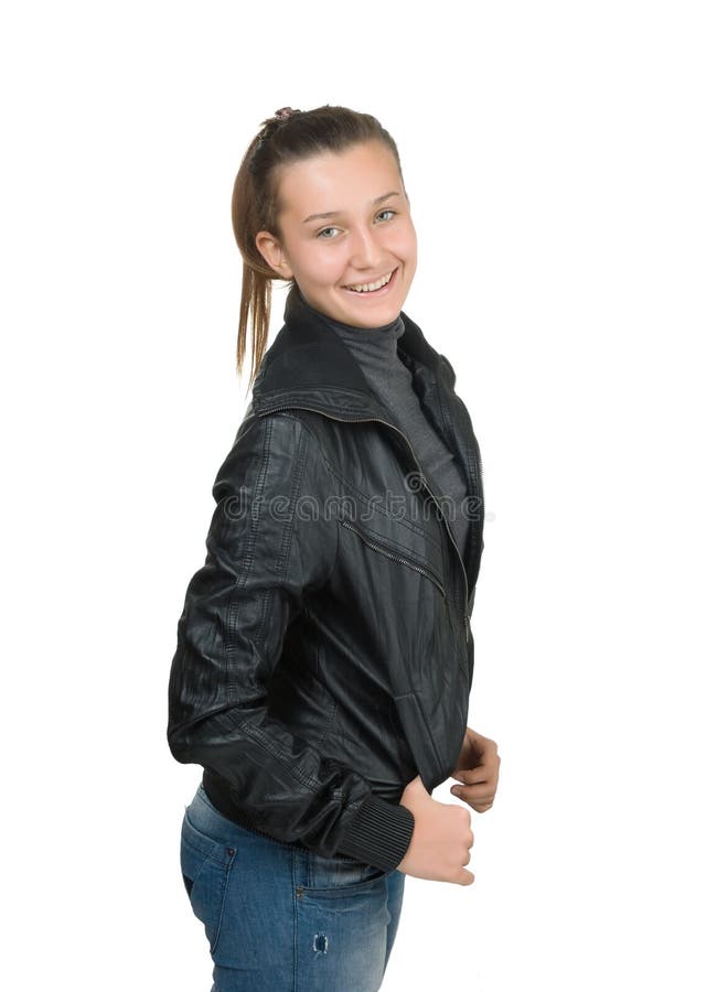 Happy Young Girl in a Black Leather Jacket Stock Photo - Image of ...