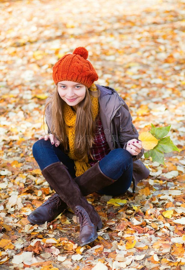 Happy Young Girl on a Fall Day Stock Image - Image of colorful, casual ...