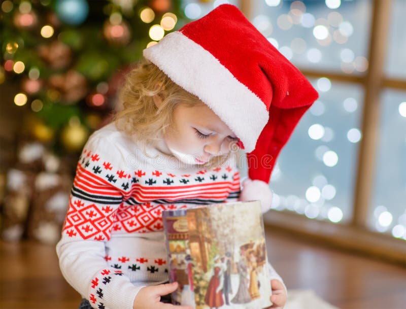 Happy Young Girl Opening a Gift Box Stock Image - Image of claus ...